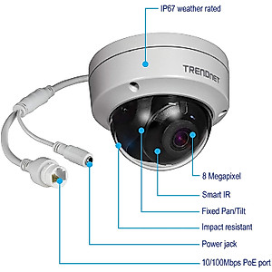 TRENDnet Indoor Outdoor 8MP 4K H.265 120dB WDR PoE Dome Network Camera, IP67 Weather Rated Housing, SmartCovert IR Night Vision Up To 30m (98 ft.), MicroSD Card Slot, White, TV-IP1319PI