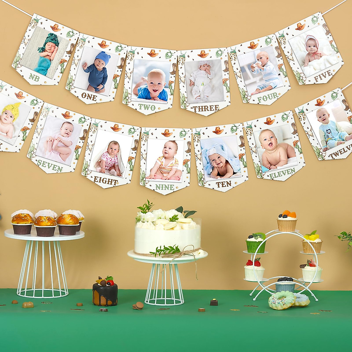 Cowboy 1st Birthday Photo Banner, Western Cowboy Cowgirl Themed Growth Record Photo Banner from Newborn to 12 Months, Monthly Milestone First Bday Party Decorations Supplies…