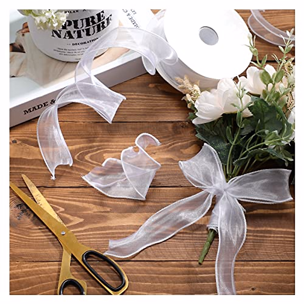 150 ft 50 Yards White Ribbon Organza Wired Sheer Wide Chiffon Ribbon for Wedding Gift Wrapping and Crafts Decor (1.5 Inch x 50 Yards)