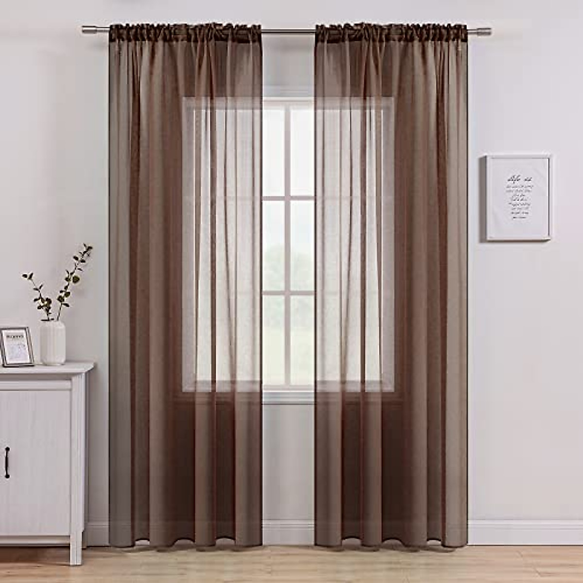 MIULEE Chocolate Brown Linen Textured Sheer Curtains 84 Inch Length 2 Panels Set for Bedroom/Living Room Semi Transparent Dark Brown Farmhouse Window Drapes Rod Pocket W 54 x L 84 Inches Long