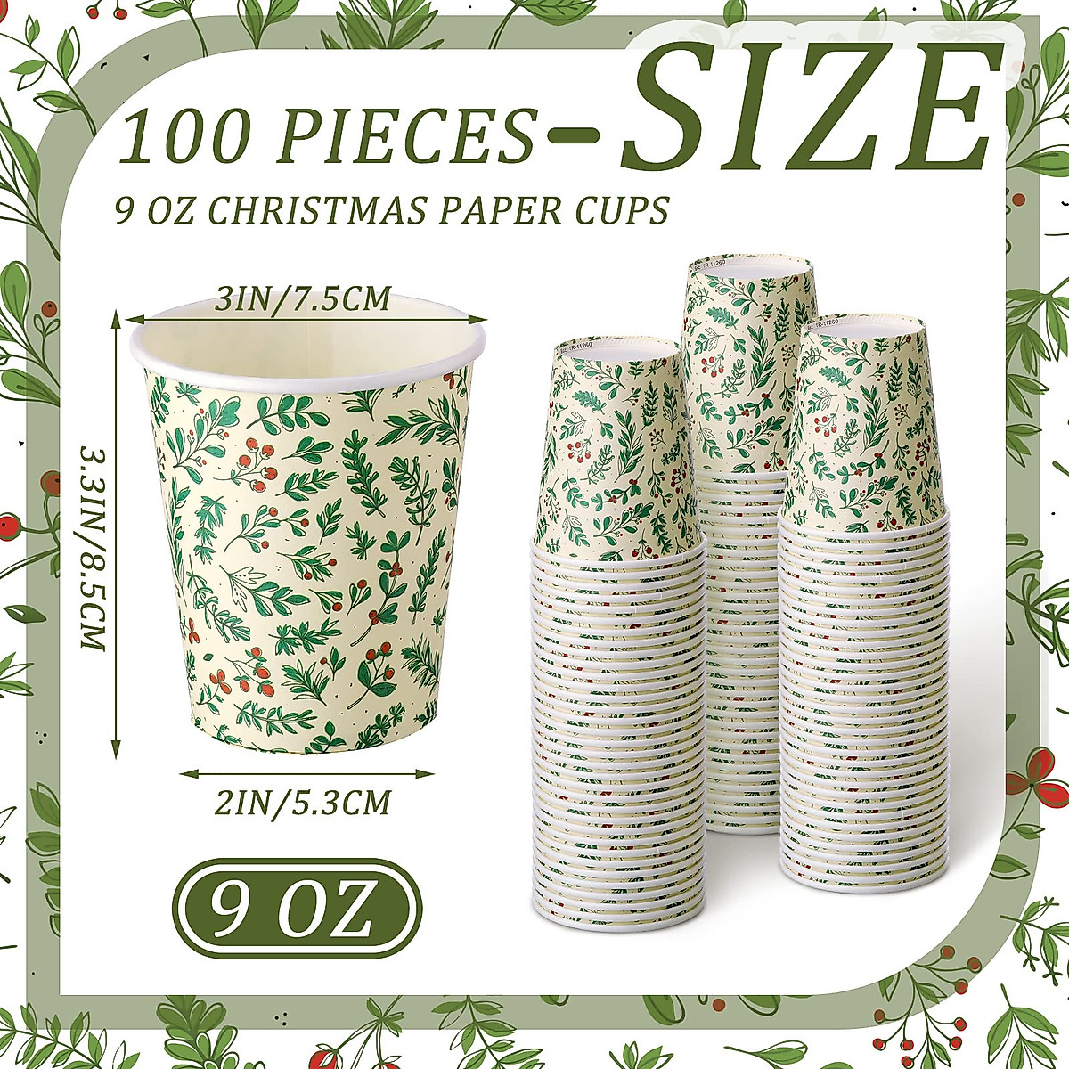 Panelee 100 Pieces 9 oz Christmas Paper Cups Christmas Holly Cups Disposable Paper Coffee Cup for Christmas Party Supplies Xmas Cups for Holidays Coffee Tea Cold Hot Drinks