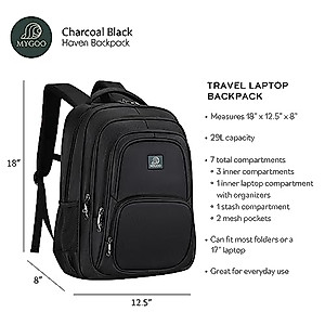 MYGOO Charcoal Black Travel Laptop Backpack | Large 29L Unisex School Bookbag with USB Charging Port for College Student Teacher