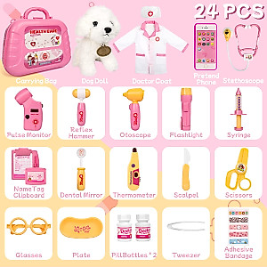 Meland Toy Doctor Kit for Girls - Pretend Play Doctor Set with Carrying Case,Stethoscope Toy & Dress Up Costume - Doctor Play Set for Girls Toddlers Ages 3 4 5 6 Year Old for Role Play Gift