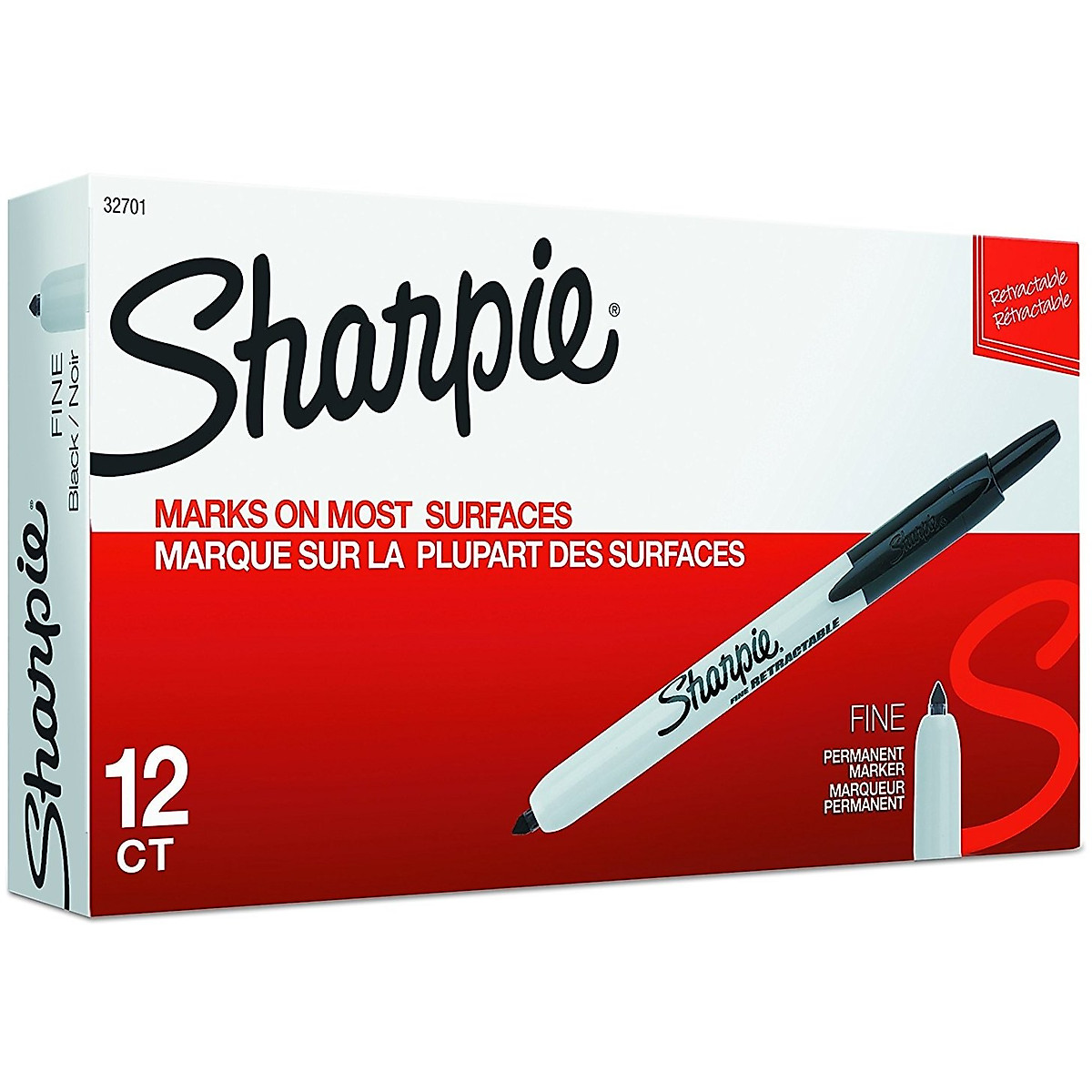 Sharpie 32701 Retractable Permanent Markers, Fine Point, Black, 144 Count (12 Boxes of 12 Markers each Box)