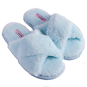 Millffy Women's Cross band slipper fuzzy fluffy slippers summer slip on house slippers (Women US 9-10, Cross Blue)