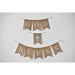 Baptism Decorations for Boy - First Communion Decor - God Bless High Quality Burlap Banner With Blue Cross, Honeycomb, Paper fan, Paper Tassel, Pompoms - Bautizo Decorations By Antsik'Aby