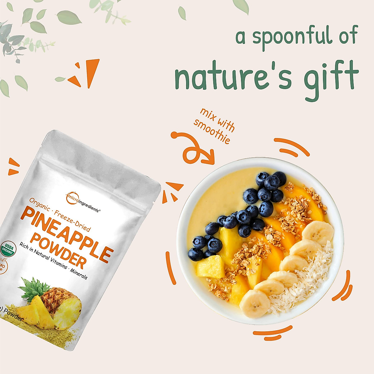 Organic Pineapple Powder, 8oz | 100% Natural Fruit Powder | Freeze-Dried Pineapples Source | No Sugar & Additives | Great Flavor for Drinks, Smoothie, & Beverages | Non-GMO & Vegan Friendly