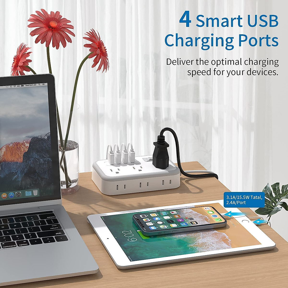 Extension Cord 15ft Bundle, NTONPOWER Flat Plug Power Strip with Long Extension Cord, Desktop Charging Station Wall Mount for Home, Dorm Room, Office and Nightstand - White