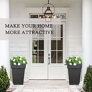 kubvici Tall Planters for Outdoor Plants, 20 Inch Movable Drainage Large Indoor Planters, Set of 2 Plastic Planters for Front Porch Door Garden Balcony Deck, Dark Gray 20"