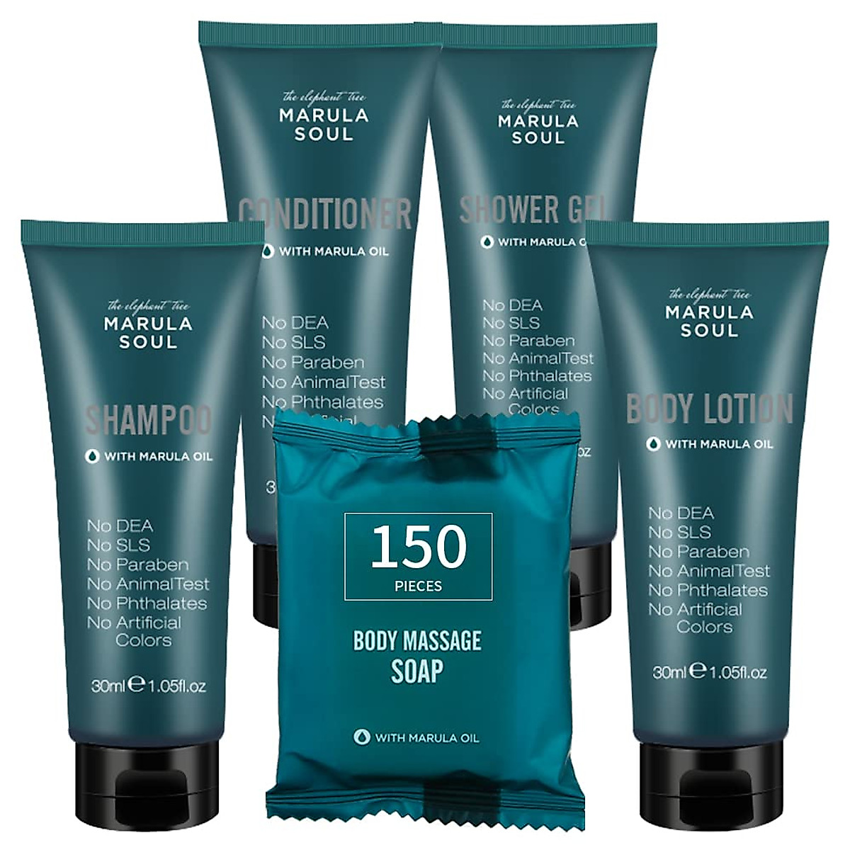 OPPEAL Marula Soul Travel Size Toiletries 5-Piece Set | 1 oz Shampoo, Conditioner, Body Wash & Body Lotion, Facial Soap | Ambergris Scent | 150 Pcs Total | Ample Bulk for Guests
