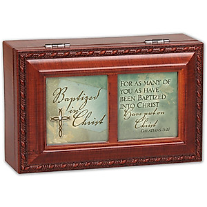Cottage Garden Baptized Into Christ Woodgrain Rope Trim Jewelry Music Box Plays Amazing Grace