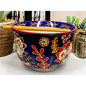 Ebros Midnight Purple Mandala Purple Floral Blossoms Ramen Udon Noodles Large 6.25"D Soup Bowl With Bamboo Chopsticks And Built In Rest Set for Asian Dining Rice Meal Bowls Decor Kitchen