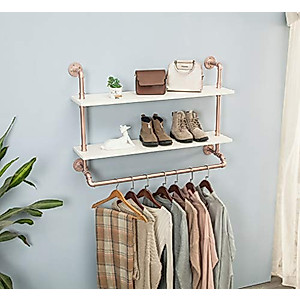 FOF FRIEND OF FAMILY Industrial Pipe Garment Rack with Double Tier shelves, Wall Mounted Clothes Rod for Clothing Storage, Rose Gold&White Color, 40" Wide