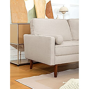 Koorlian Small Sofa Couch, 2 Seater Fabric Loveseat, Mid Century Modern Couches for Living Room, Button Tufted Seat Cushion, Square Armrest, 2 Throw Pillows, Fit for Small Spaces, Dorm, Apart, Beige