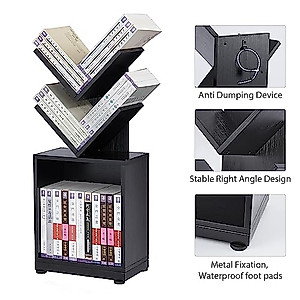 ruboka 2-Shelf Tree Bookshelf with Storage, 26.5-Inch Retro Floor Standing Bookcase Display for CDs/Magazine/Books, Small Bookshelf for Bedroom, Living Room, Office, Black Storage Shelves DESK52B