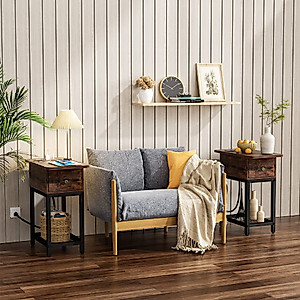 Yenlure Side Table Night Stands End Table with Charging Station Drawers Narrow End Tables Living Room Bedroom Side Table for Small Spaces Rustic Brown