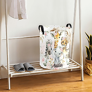 Safari Animals Floral Personalized Laundry Basket Clothes Storage with Handle Waterproof, Custom Foldable Hamper for Boys Girls Bedroom Nursery Toy