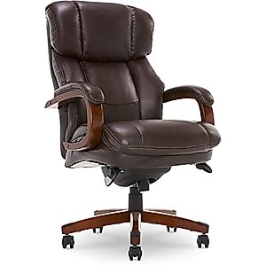 La-Z-Boy Fairmont Big and Tall Executive Office Chair with Memory Foam Cushions, High-Back with Solid Wood Arms and Base, Bonded Leather, Big & Tall, Biscuit Brown