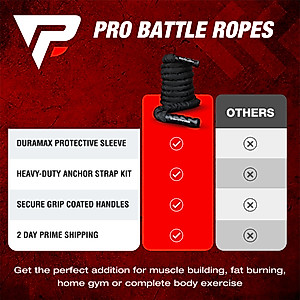 Pro Battle Ropes with Anchor Strap Kit and Exercise Poster – Upgraded Durable Protective Sleeve – 100% Poly Dacron Heavy Battle Rope for Strength Training, Cardio Fitness, CrossFit Rope (1.5” x 30 ft)