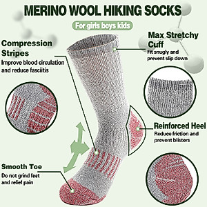 Sandsuced Kids Merino Wool Hiking Socks Girls Boys Winter Thermal Warm Cozy Boot Thick Cushion Gift Stocking Stuffers Socks 4 Pairs(Purle/Blue/Red/Grey,8-12 Years)