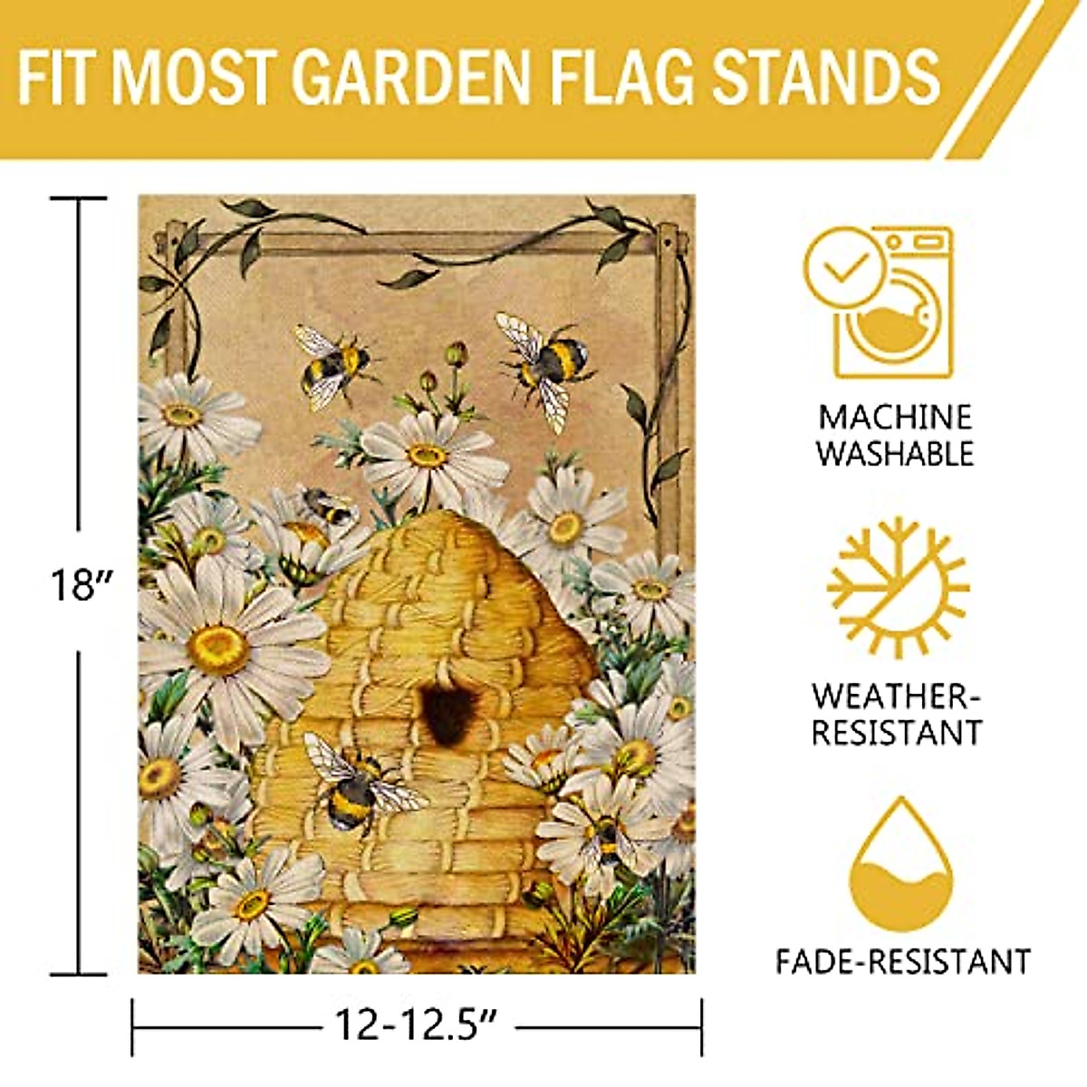 Furiaz Daisy Bee Spring Summer Garden Flag, House Yard Lawn Decorative Small Flag Honeycomb Flower Home Outside Decoration Sign, Floral Hive Farmhouse Burlap Outdoor Welcome Decor Double Sided 12x18