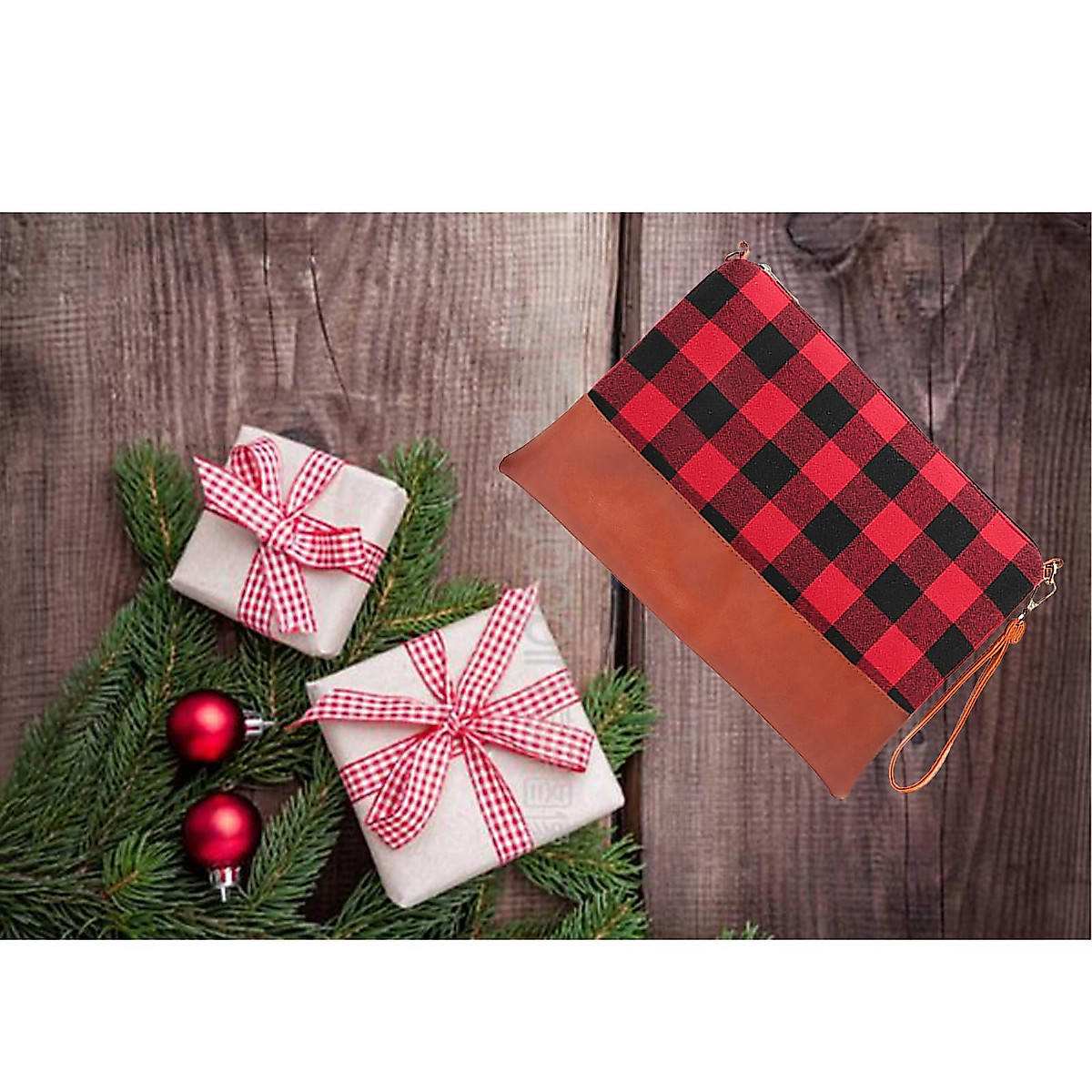 Auony Buffalo Plaid Wristlet Wallet Clutch Bag Phone Purse Handbag with Leather Wrist Strap for Christmas Birthday Gift