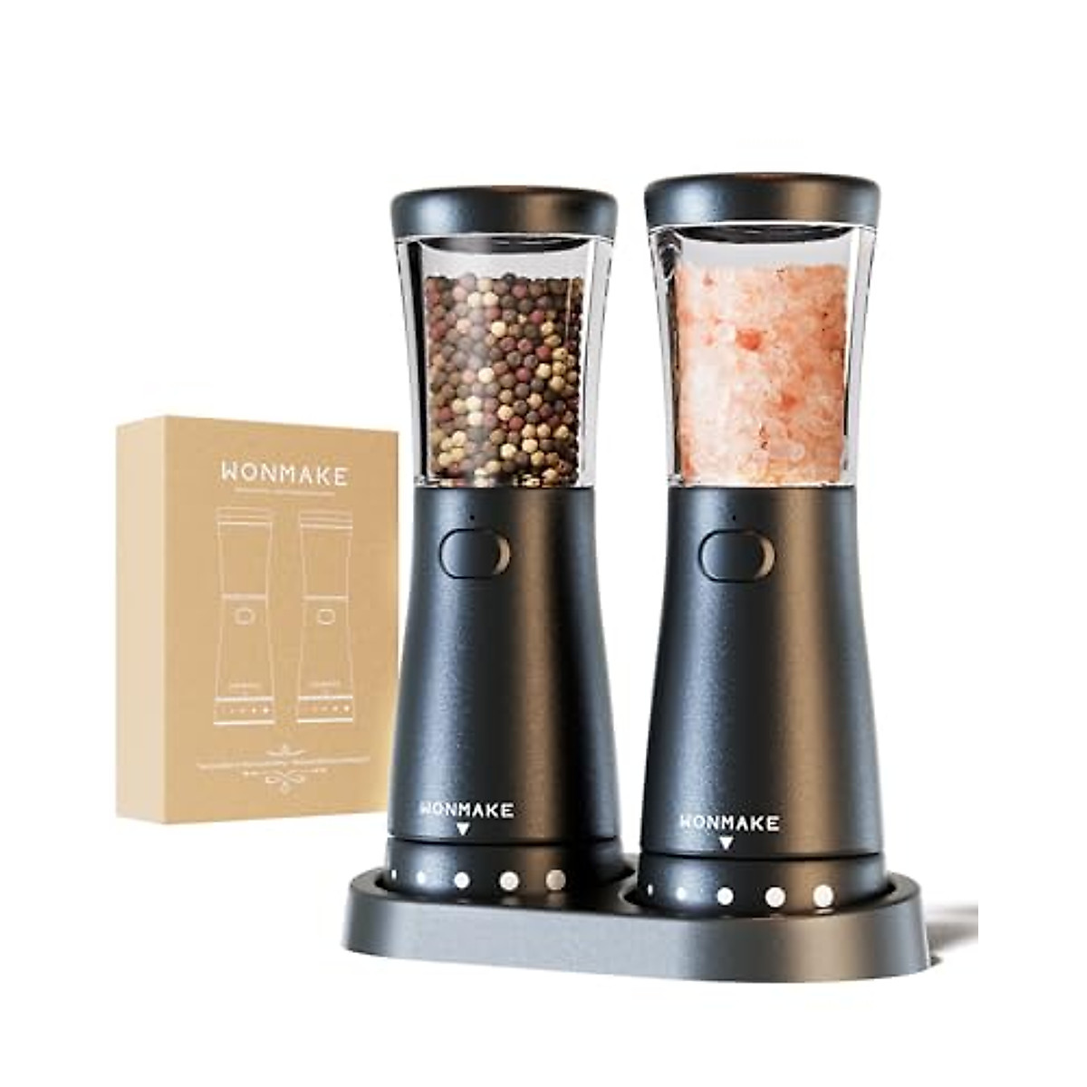 Electric Salt and Pepper Grinder Set with 4.5oz Large Capacity, Stainless Steel Rechargeable Salt and Pepper Grinder with 1.8" Wide Mouth, Storage Base,Adjustable Coarseness, and One-Hand Operation