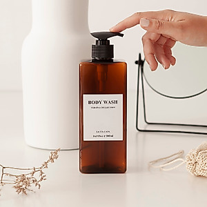 La Via Casa Shampoo and Conditioner Dispenser | 3 Plastic Amber 3 Wall Mount Black | Shampoo Dispenser with Waterproof Labels | No Drill | Shower Bottles Refillable with Pump