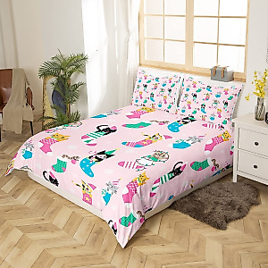 Erosebridal Christmas Cat Bedding Sets Twin Cute Animal Comforter Cover Kawaii Kitten Bed Sets Colorful Xmas Stocking Duvet Cover White Snowflake Quilt Cover for Kids Boys Girls Room Decor