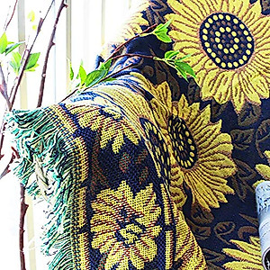 PHNAM Sunflower Throw Blanket with Fringe for Couch Bed Soft Decorative Cozy Cotton Woven Knit Warm Bed Throws Reversible for Chair, Sofa, Living Room, Bedroom (51x70.8 inches) (Sunflower)