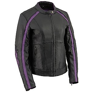 Milwaukee Leather ML1952 Women's Black and Purple Embroidered and Stud Design Scooter Jacket - Large