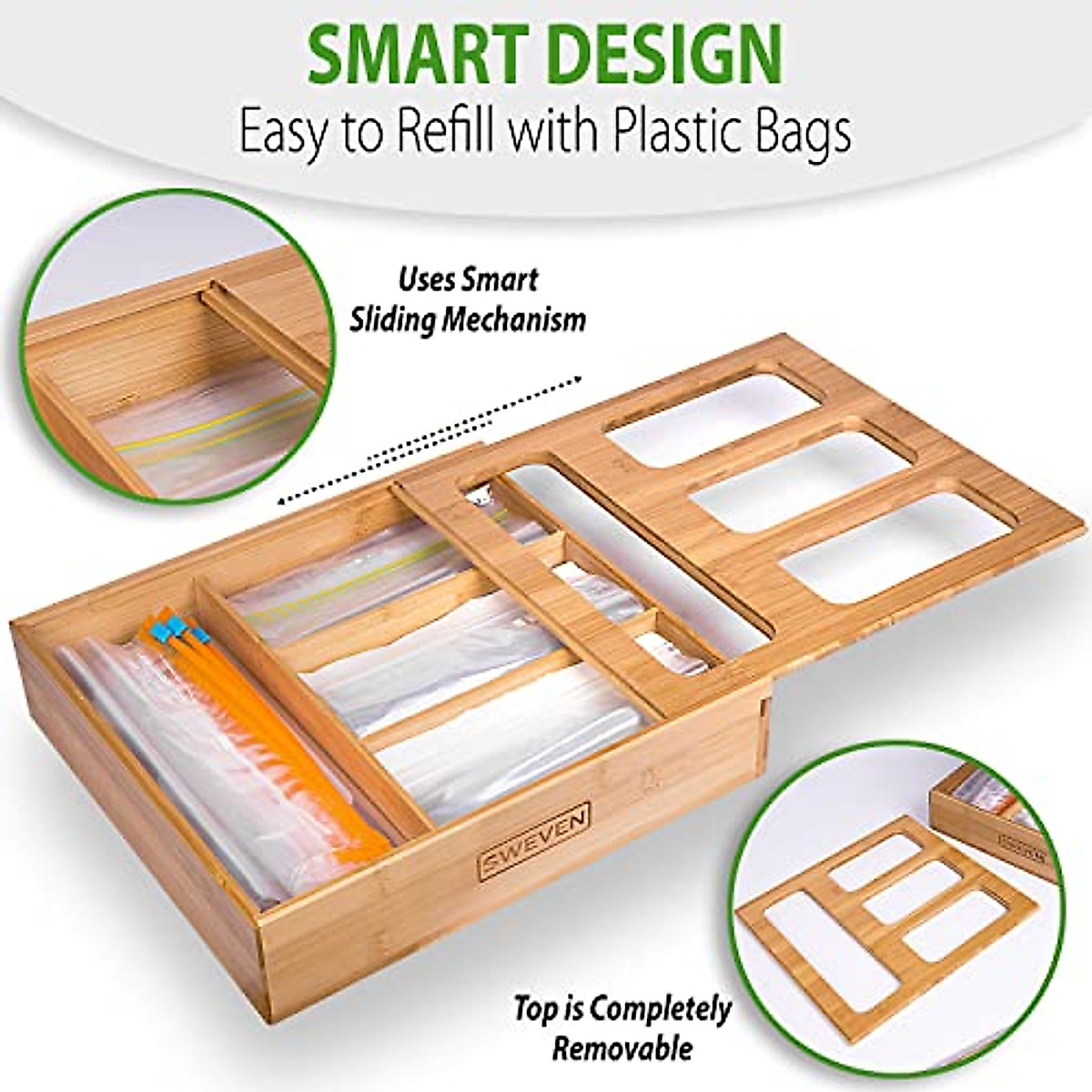 Plastic Bag Storage Organizer for Drawer | Bamboo Bag Organizer | Bag Container Organizer | Baggie Organizer for Gallon, Quart, Sandwich, Snack Bags | Compatible with Solimo, Glad, Hefty and More (4 Piece)