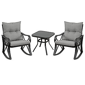 HOMPUS 3-Piece Outdoor Rocking Chairs Bistro Set Wicker Patio Furniture Set Metal Frame Patio Rockes Set w Gray Cushions, Front Porch Rocking Chairs with Glass Coffee Table for Balcony,Garden