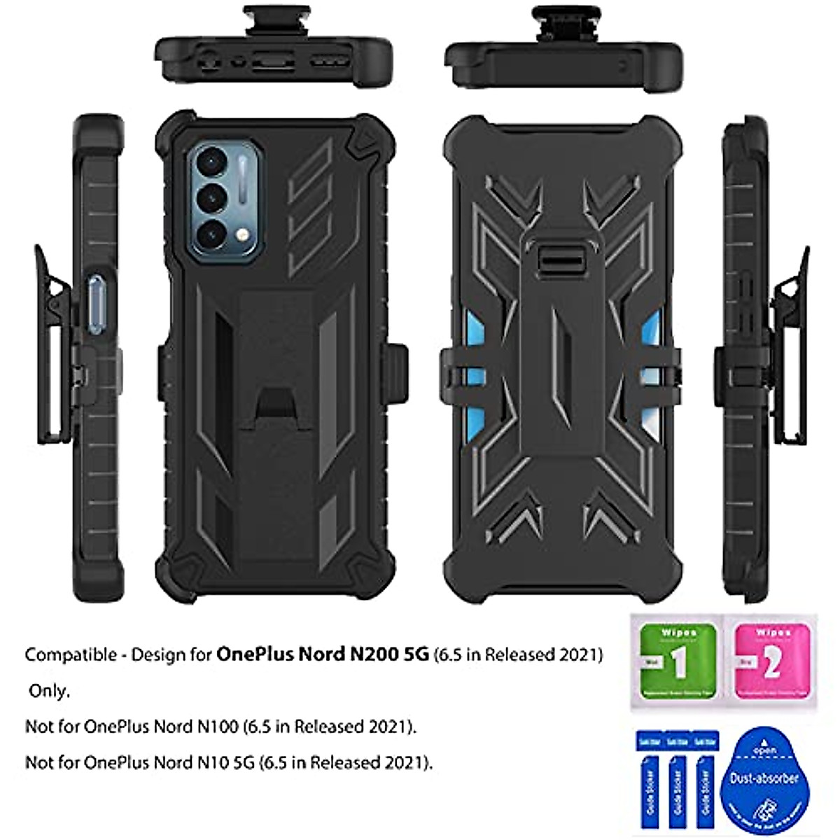 Ailiber Compatible with OnePlus Nord N200 5G Case, Nord N200 Case Holster with Screen Protector, Swivel Belt Clip Holster Kickstand Holder, Heavy Duty Armor Shockproof Cover for 1+ Nord N200-Black