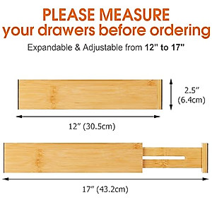 Ryqtop Bamboo Drawer Dividers Organizers, Kitchen Drawer Organizer, Adjustable Drawer Divider for Clothes, Kitchen, Dresser, Bedroom, Bathroom and Office, 4-Pack (Natural, 12-17 IN)