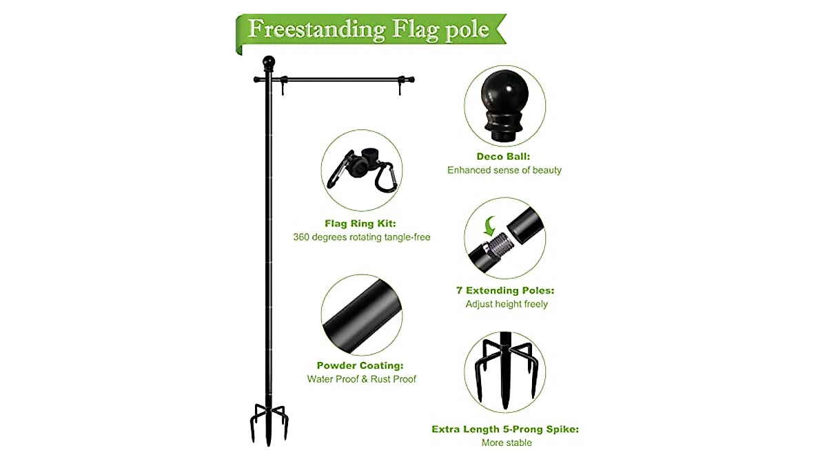 Koutemie 10FT Garden Flag Pole Stand with 5 Prong Base for 3x5 American ...