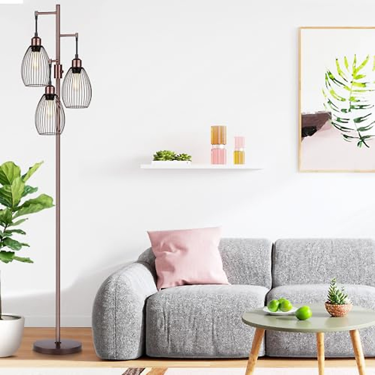 Dimmable Floor Lamp, 3 x 800LM LED Edison Bulbs Included, Farmhouse Industrial Floor Lamp Standing Lamp with Elegant Teardrop Cage Head Tall Lamp for Living Room Bedroom Office Dining Room - Brown