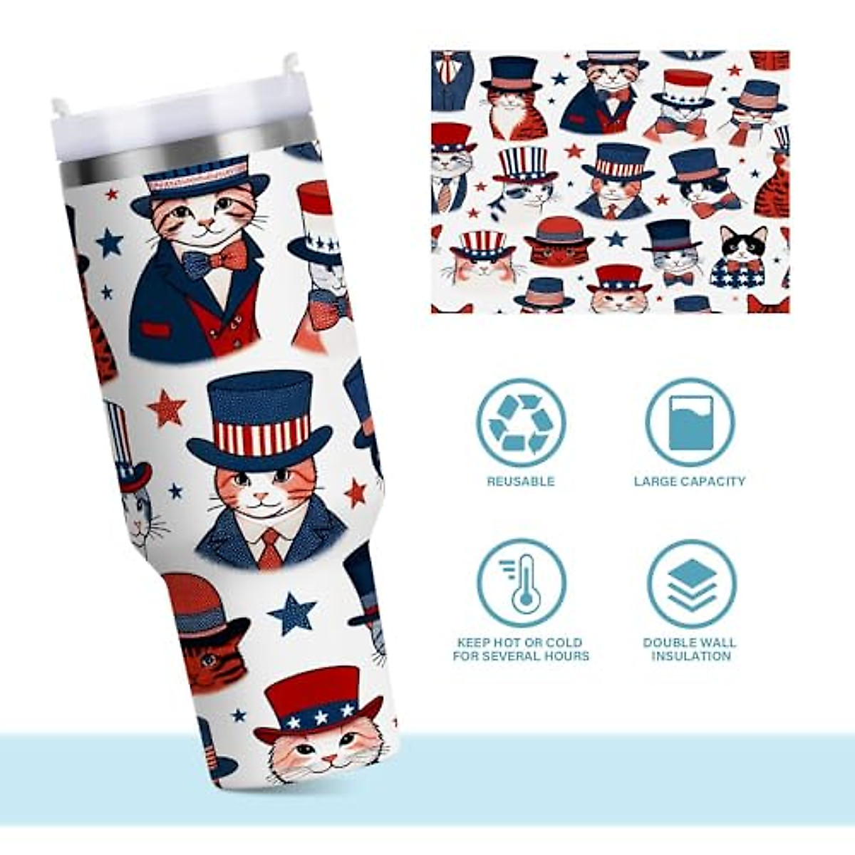 Maunzc 40 oz Tumbler with Handle and Straw, Insulated Stainless Steel Travel Mug with Lid for Coffee, Iced Tea, Water, Gift for Men Women (Gentleman Cats)