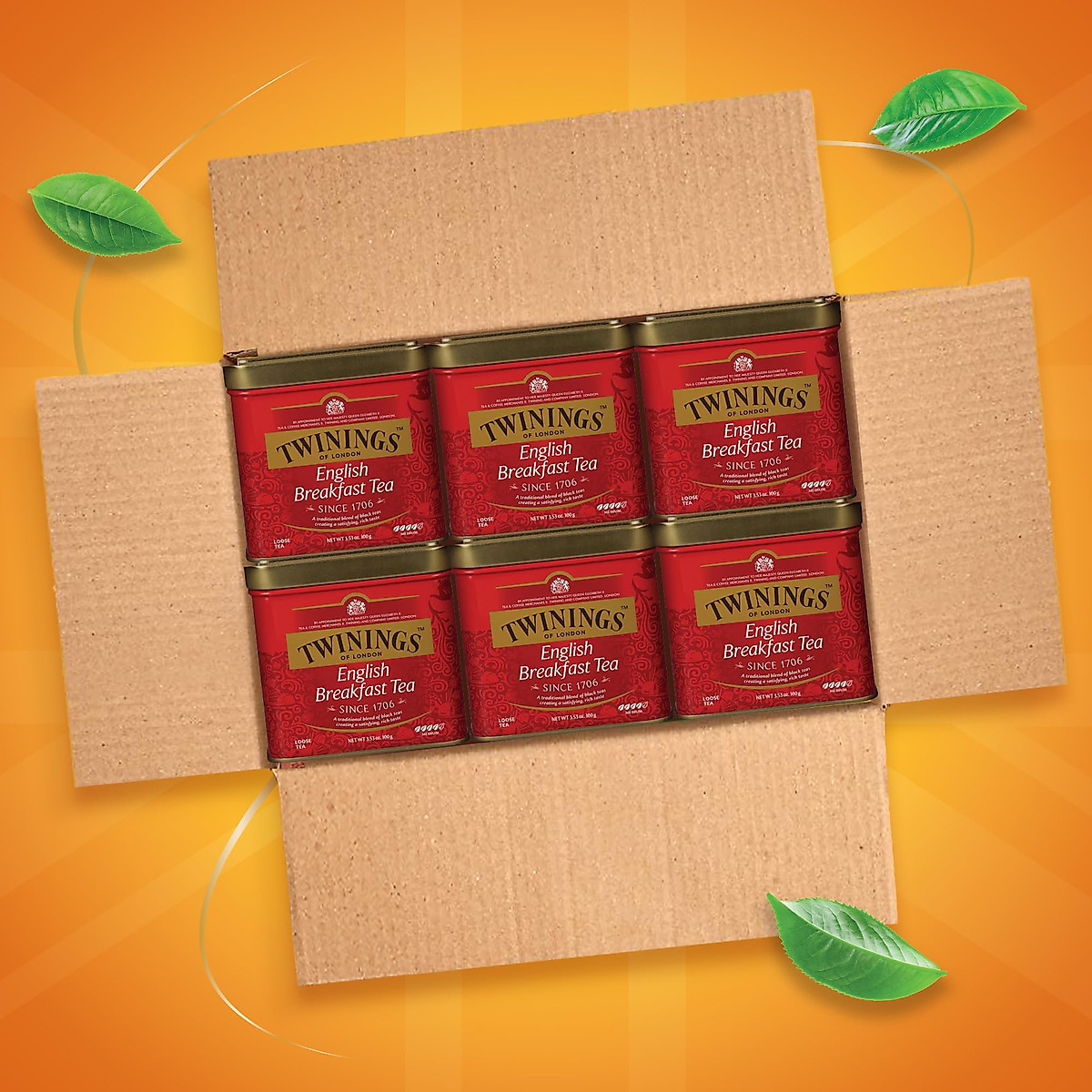 Twinings English Breakfast Loose Tea Tins, 3.53 Ounce Tins (Pack of 6), Smooth, Flavourful, Robust Black Tea Leaves, Caffeinated, Enjoy Hot or Iced