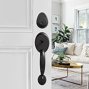 GUA OYH Front Door Handle Set Entry Door Lock Set Matte Black Entrance Handle Set with Lock, with Single Cylinder Deadbolt and Knob Handle, Reversible for Right & Left Handed Doors (Antique_1073)