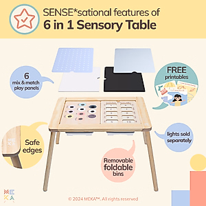MEKA Sensory Table 6-in-1, Kids Light Table with 2 Sensory Bins 6 Play Panels, Toddler Table Kids Activity Table, Wooden Sensory Table for Toddlers Age 3-5,Multi-Use Light Table for Kids Sensory Table
