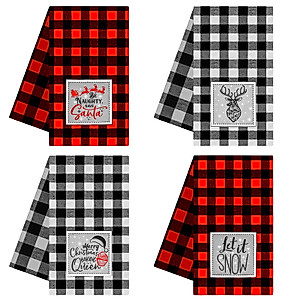 Ruisita 4 Pack Buffalo Plaid Christmas Cotton Kitchen Towels Oversized Embroidered Xmas Decorative Dish Towels 28 x 18 Inch for Winter Holiday Kitchen Drying Cooking