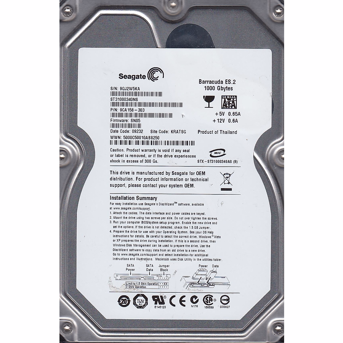 Seagate Barracuda ES 1 TB 7200RPM SATA 3Gb/s 32 MB Cache 3.5 Inch Internal Hard Drive ST31000340NS-Bare Drive