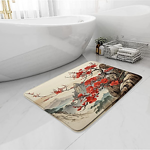 BNYARH Japanese Bath Mat Red Floral Plum Blossom Cherry Blossom Asian Traditional Vintage Landscape Painting Art Microfiber Memory Foam Bathroom Decor Mat 17.7X29.5 Inch