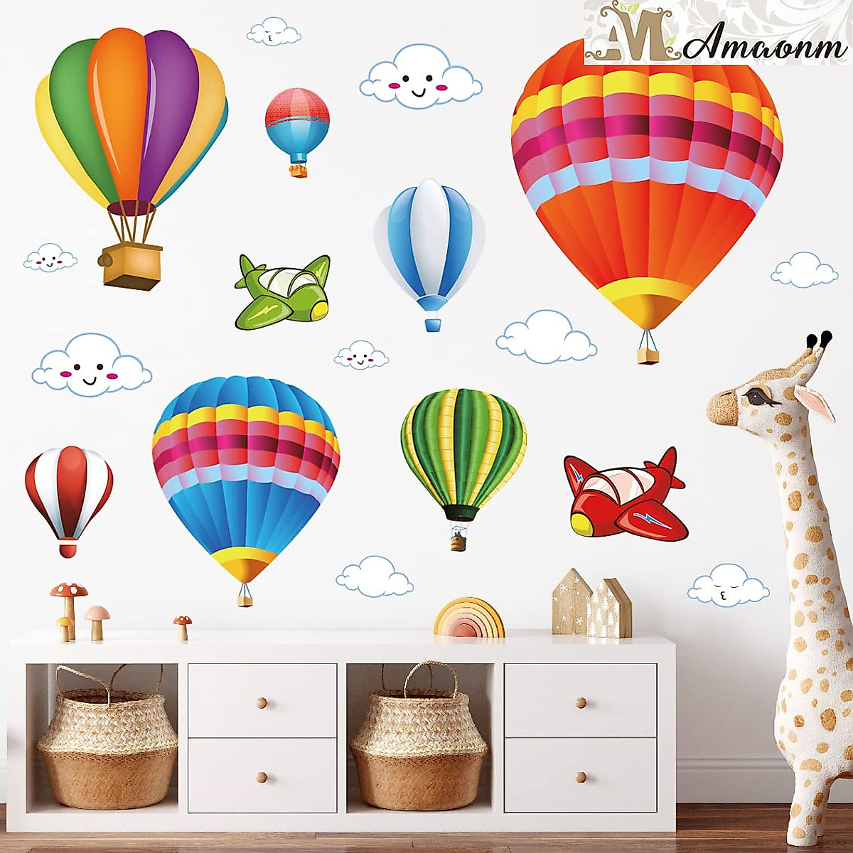 Amaonm Removable Creative 3D Hot air Balloon Aircraft and Smile Clouds Wall Decals Kids Room Wall Decorations Art Decor Stickers Nursery Decor 3D Art Decal Bedroom Bathroom Sticker