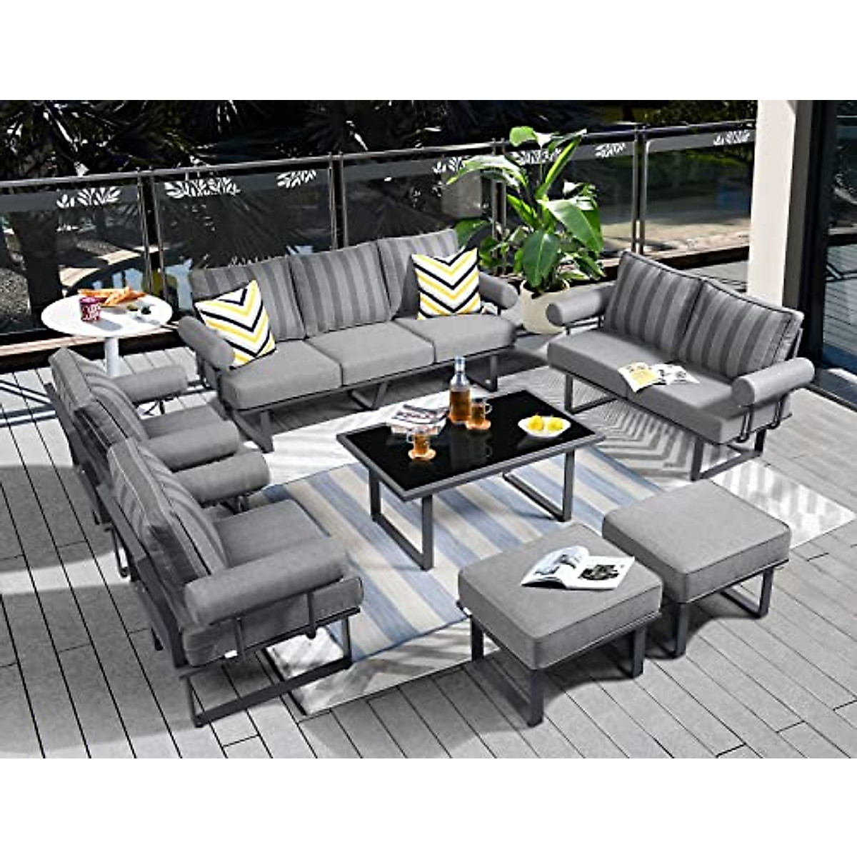 ovios Aluminum Patio Furniture Set 7 PCS All-Weather Outdoor Conversation Set Modern Metal High Back Aluminum Patio Sofa with Table and Thick Cushions (Black-Grey Stripe)