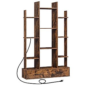 HOOBRO Bookshelf, Bookcase with Charging Station and 2 Drawers Storage, Rustic Tree Shaped Wooden Bookshelves with 12 Storage Shelves, for Bedroom, Home Office, Living Room BF140USJ01