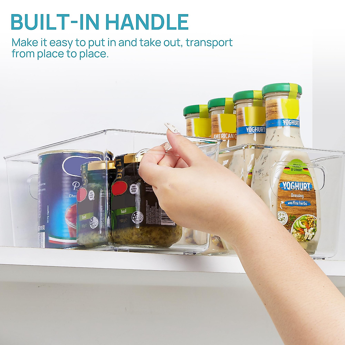 Vtopmart Clear Plastic Pantry Organizer Bins, 6 PCS Food Storage Bins with Handle for Refrigerator, Fridge, Cabinet, Kitchen, Countertops, Cupboard, Freezer Organization and Storage, BPA Free, Small