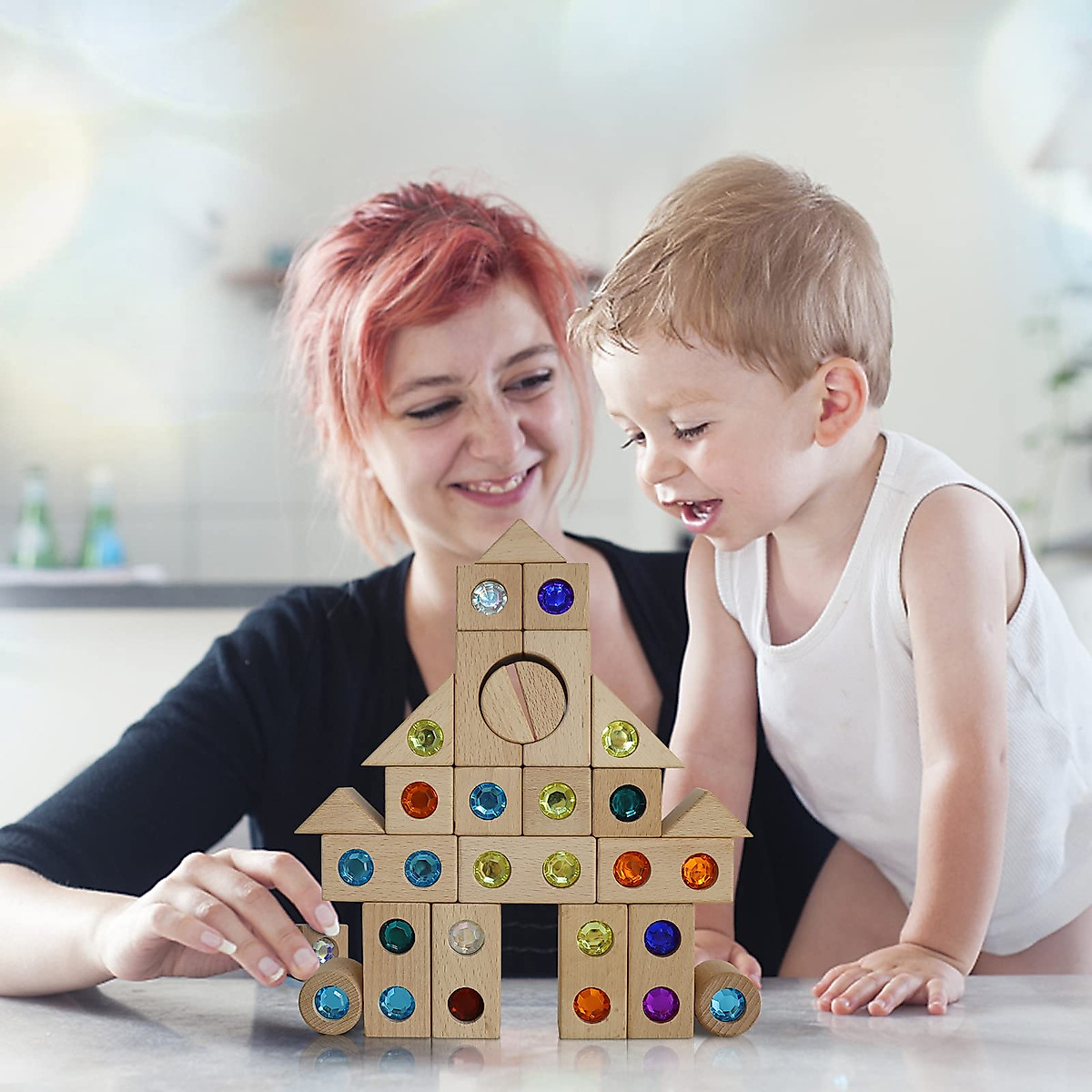 Wooden Building Blocks with 50 Pcs Rainbow Stacker Sensory Blocks Stacking Game Construction Building Toys Set Preschool Construction Color Block Learning Educational Toys for 3-5 Toddlers Boys Girls