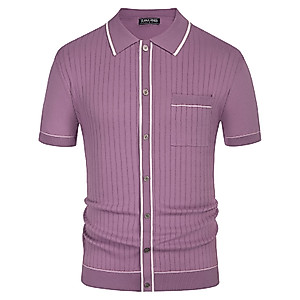 Mens Short Sleeve Knit Shirt Vintage Button Down Golf Polo Shirt Purple S
